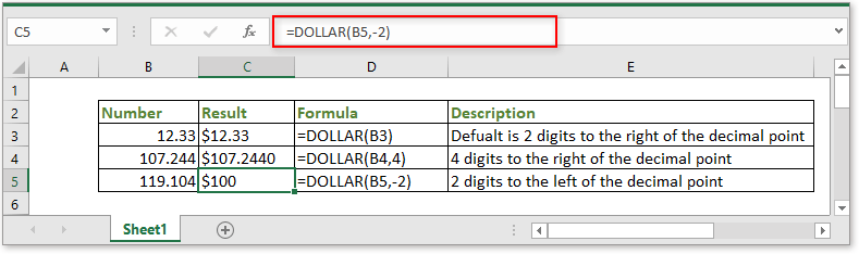 How to use the Excel DOLLAR function