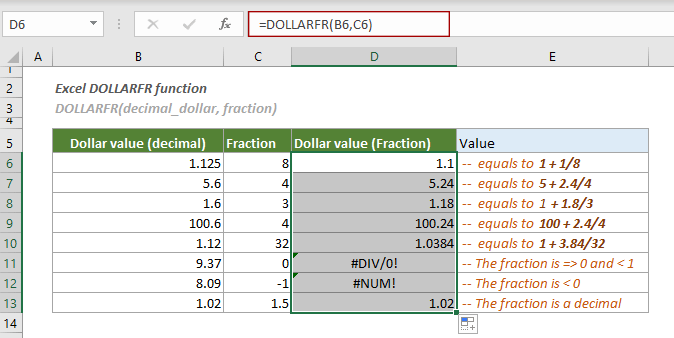 How to use the Excel DOLLARFR function?