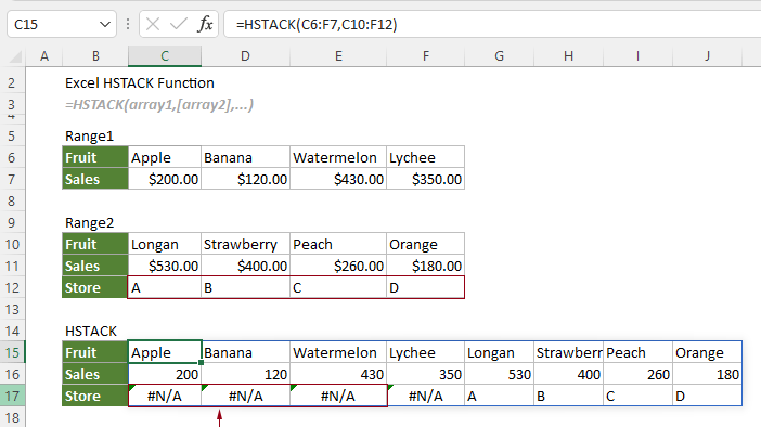 Função Excel HSTACK