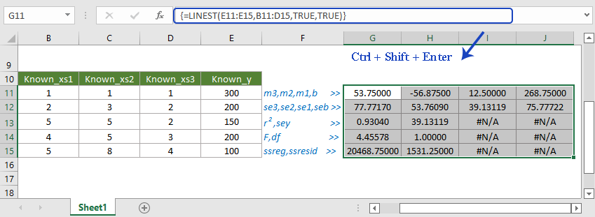 엑셀 LINEST 기능 사용법