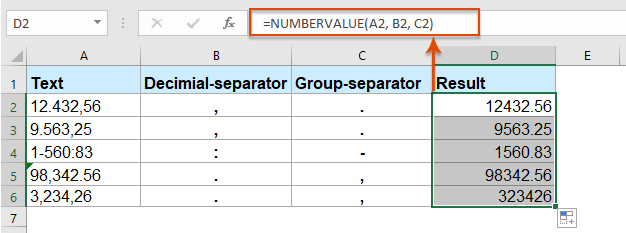 Excel NUMBERVALUE function