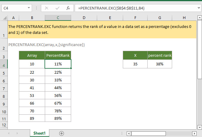 How to use the Excel PERCENTRANK.EXC function