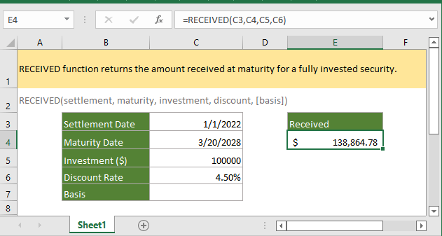 How to use the Excel RECEIVED function