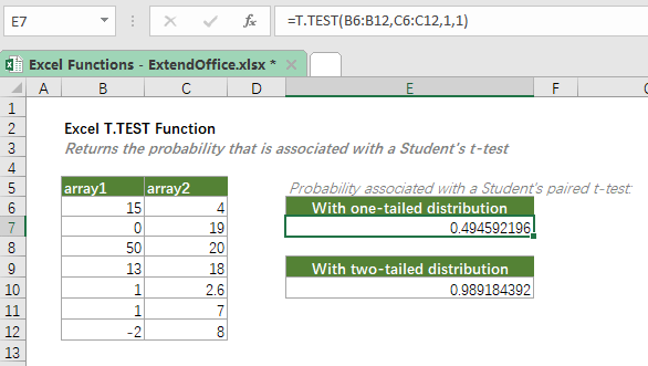 Excel T.TEST 函数