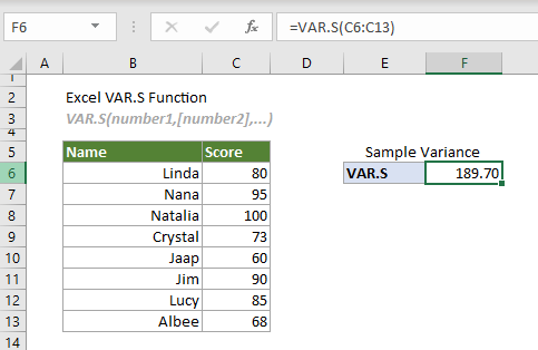 Excel VAR.S function