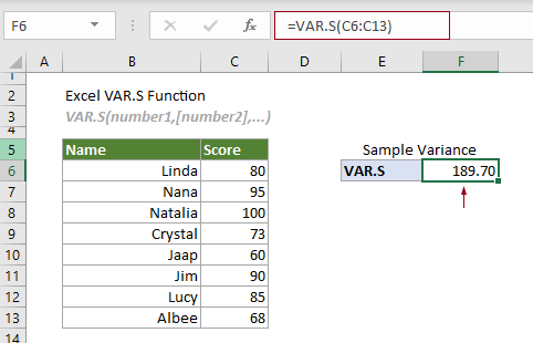 Excel VAR.S function