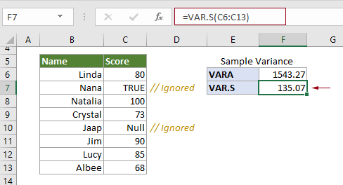 Excel VARA function