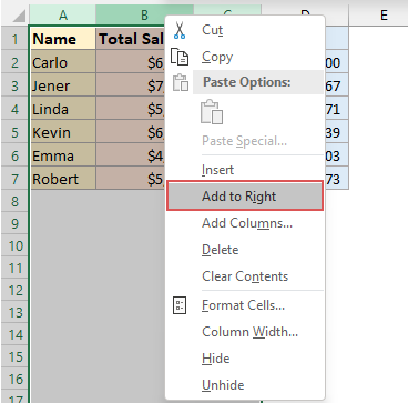 Easily add columns to right or left of the selected column in Excel