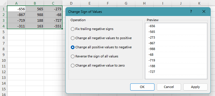 Quickly change sign of numbers in Excel