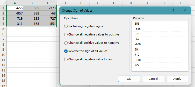 Quickly change sign of numbers in Excel