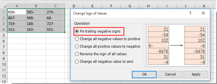 Quickly change sign of numbers in Excel