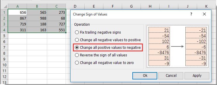 Quickly change sign of numbers in Excel