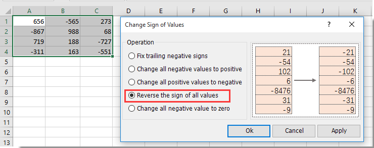 Quickly change sign of numbers in Excel