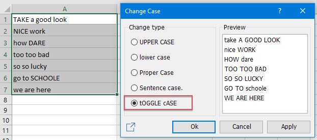 Quickly change case of text to all caps, lower and proper in Excel
