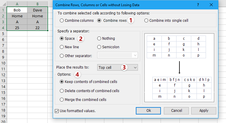 Quickly combine (merge) multiple columns or rows in Excel