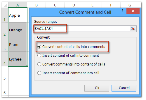 Quickly convert between cell contents and comments in Excel