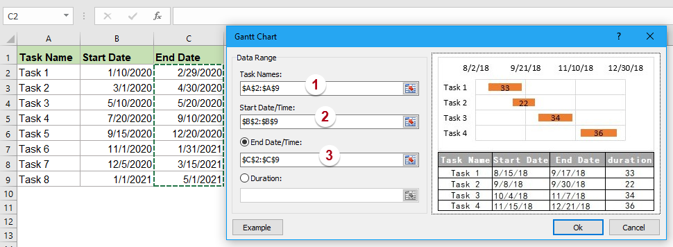Create a Gantt chart with several clicks in Excel