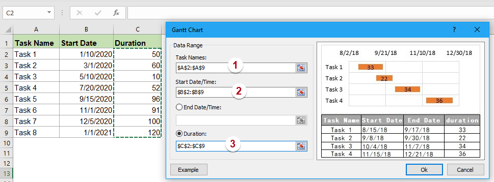 Create a Gantt chart with several clicks in Excel