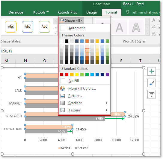 Create a bar chart with percentage difference arrow in Excel