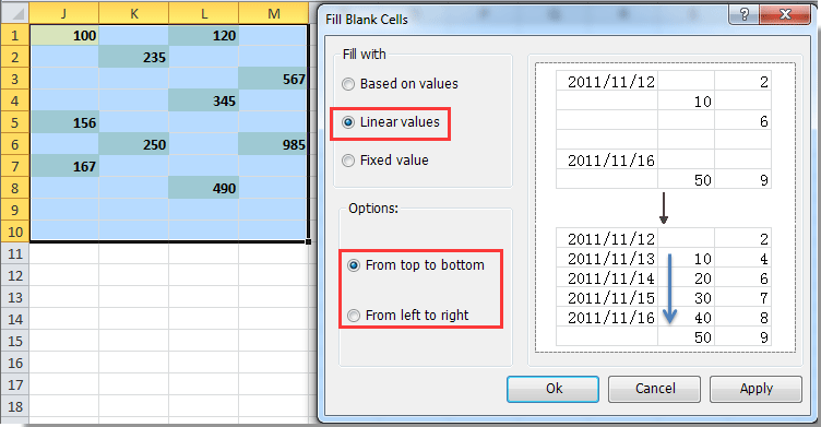 Fill blank cells with value above or 0 in Excel