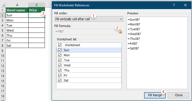 Quickly fill cell references from multiple worksheets in Excel