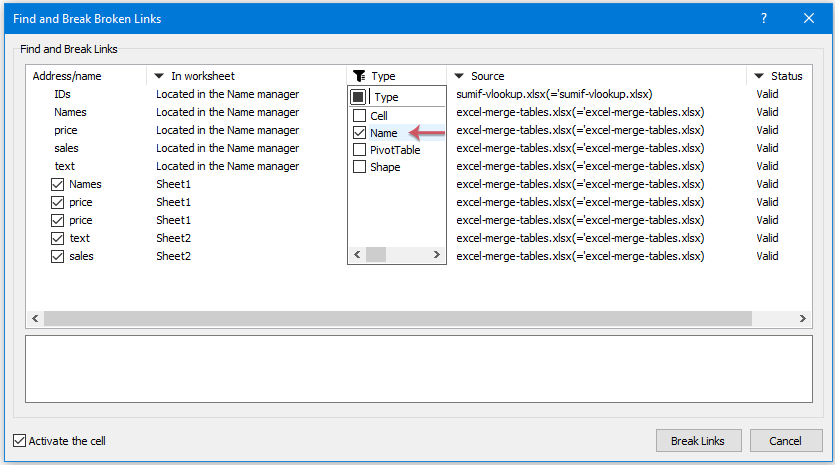 Quickly find and break broken links (external references) in Excel