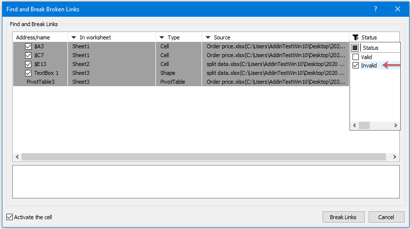 Quickly find and break broken links (external references) in Excel