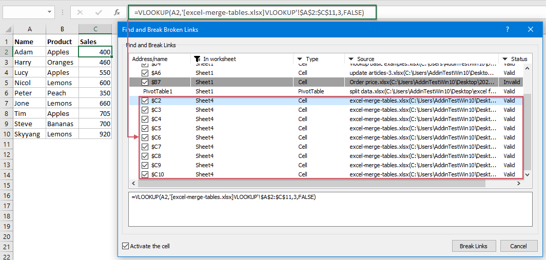 Quickly find and break broken links (external references) in Excel