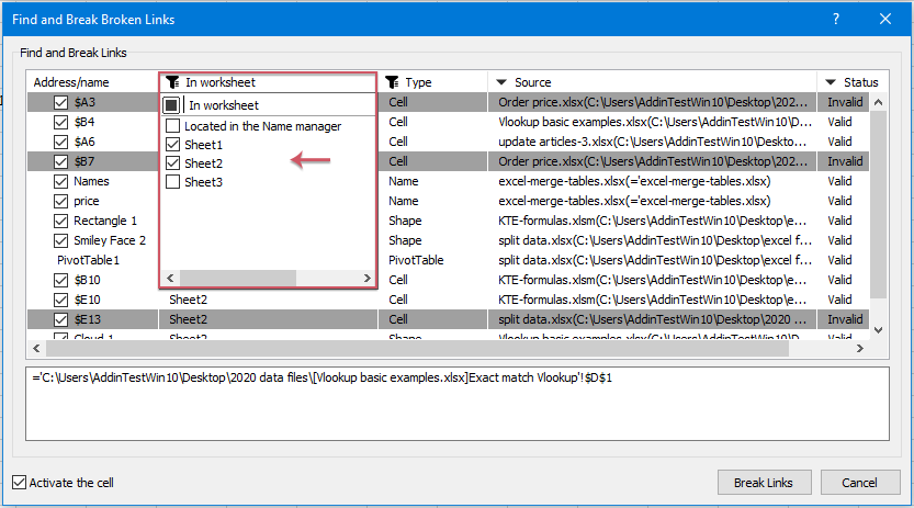 Quickly find and break broken links (external references) in Excel