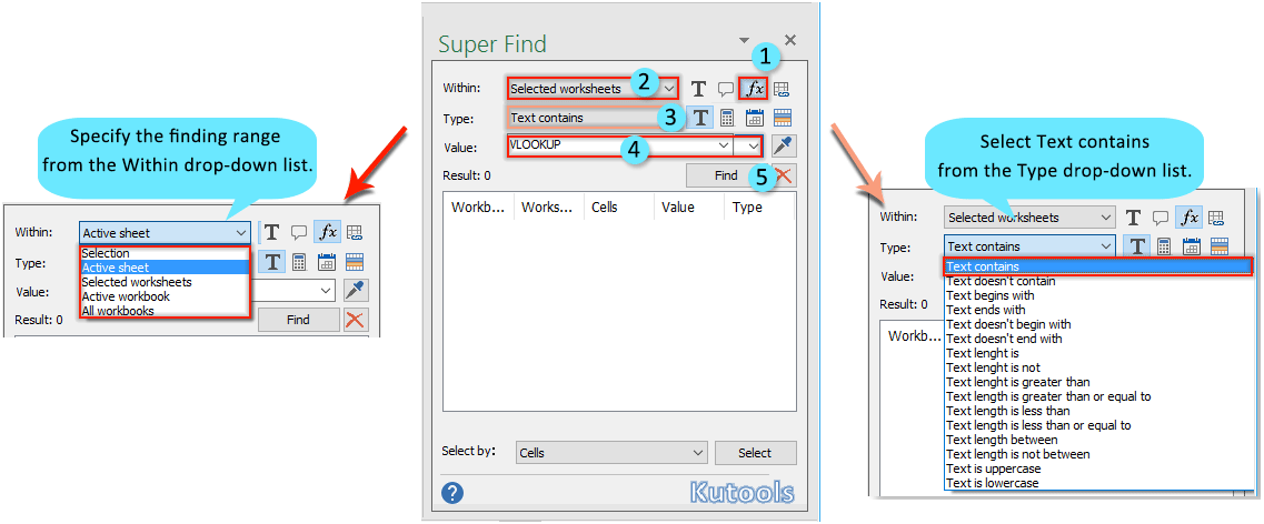 Quickly find specific text strings only in the formulas in Excel