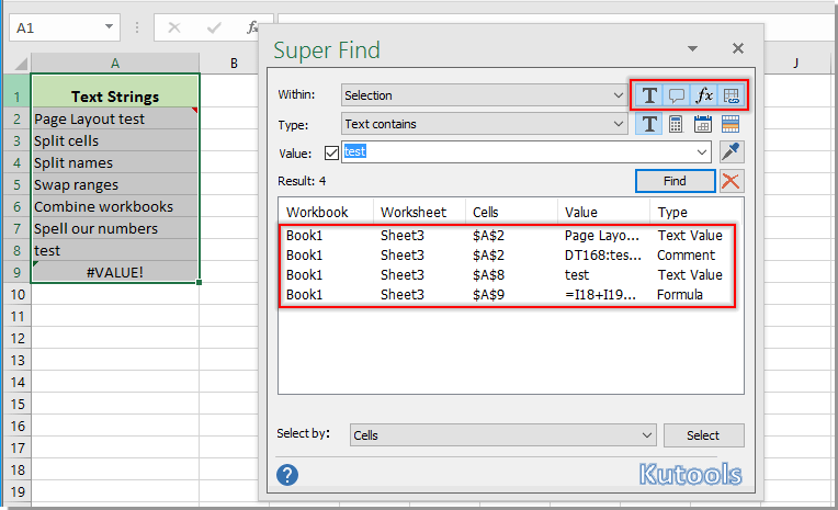 Quickly find specific text strings only in the formulas in Excel