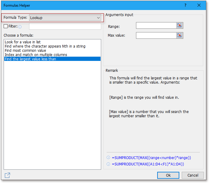 Find the largest value smaller than a specified number in Excel
