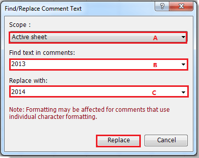 Quickly find and replace text in comments in Excel
