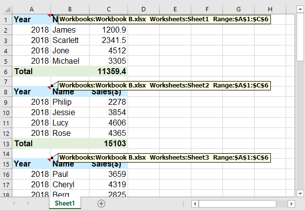 Quickly combine multiple worksheets / ranges from workbooks into one worksheet