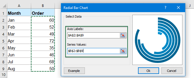 Create radial bar chart in Excel with only several clicks