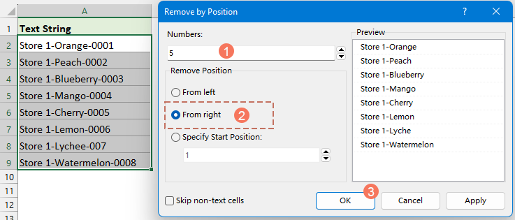 Quickly remove or delete characters from beginning / end of text strings in Excel