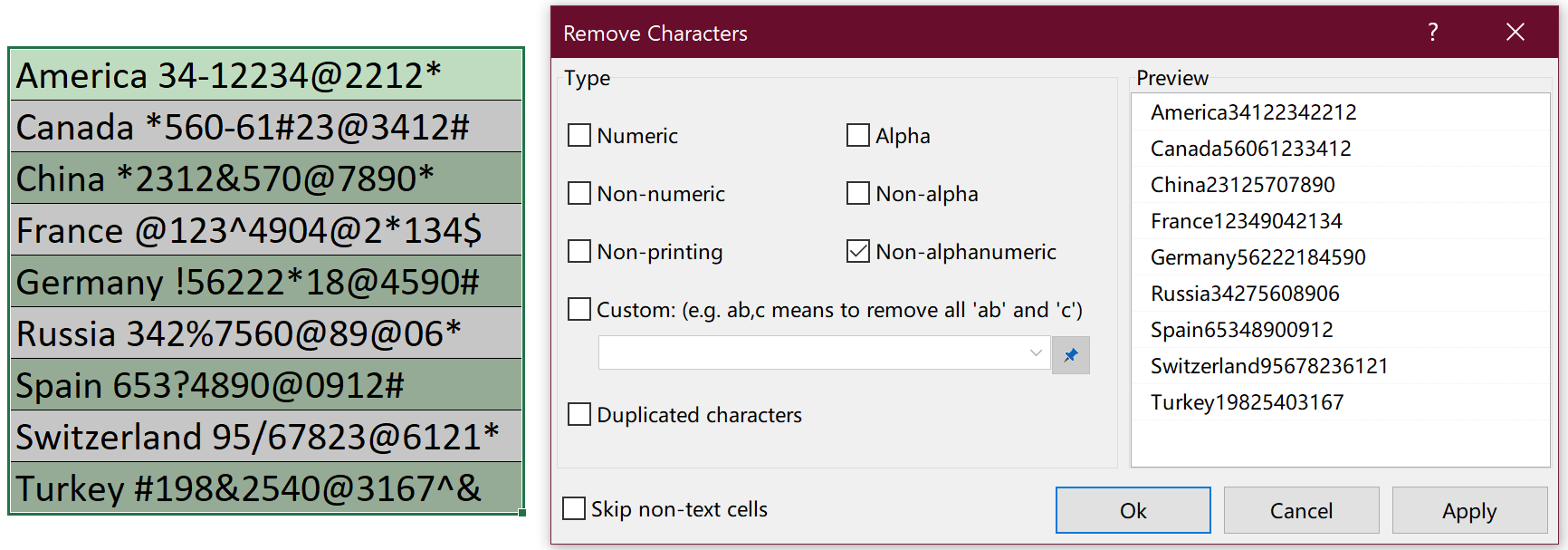 Quickly remove numeric, alphabetic, non-printable or alphanumeric characters from cells