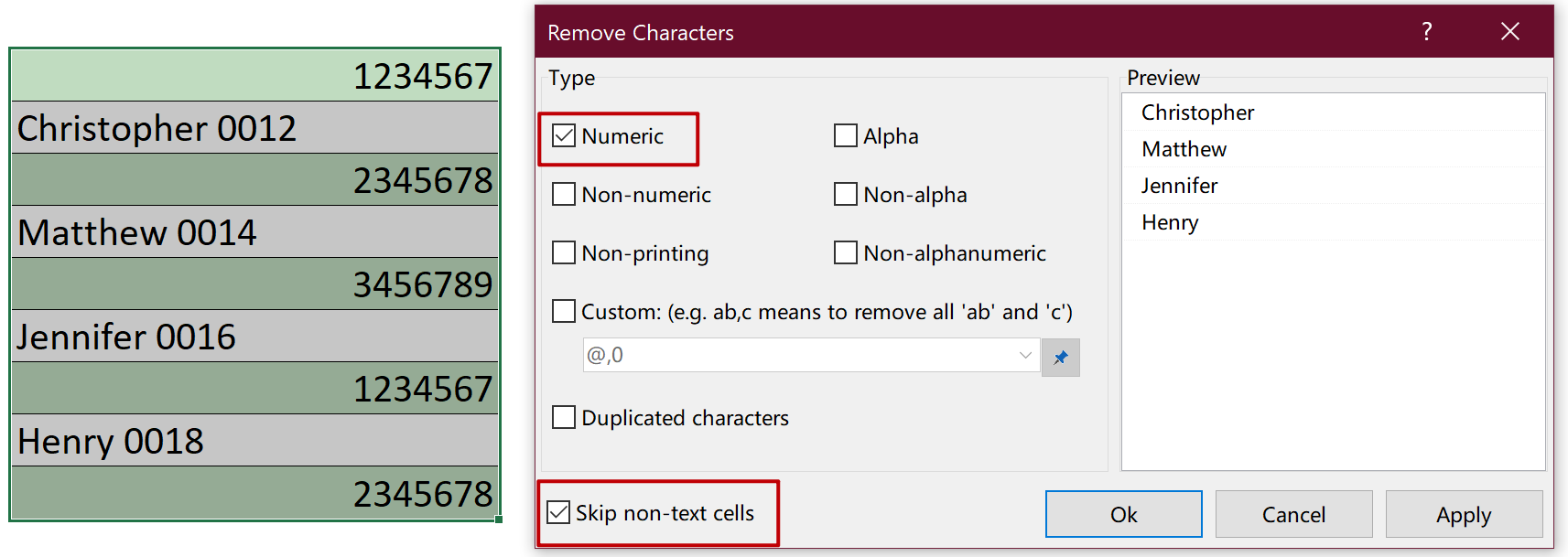Quickly remove numeric, alphabetic, non-printable or alphanumeric characters from cells