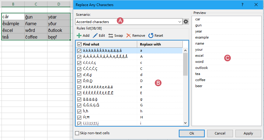 Quickly replace multiple accented characters with regular chars in Excel