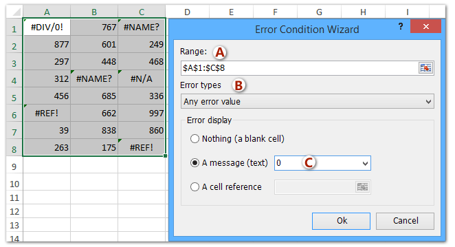 Quickly replace formulas error messages with zero, blank cells, or text