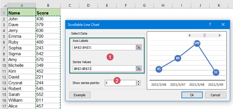 Quickly create a dynamic scrollable line chart in Excel