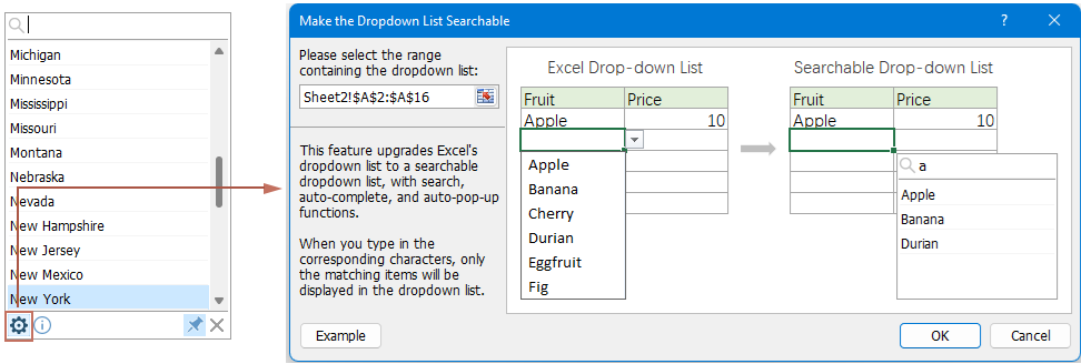 Quickly create searchable or autocomplete drop down list in Excel