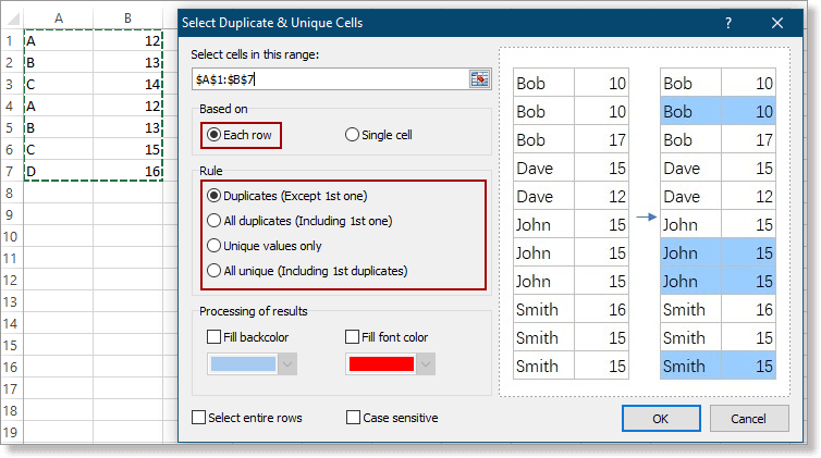 Quickly find duplicate or unique cells/rows in a range in Excel