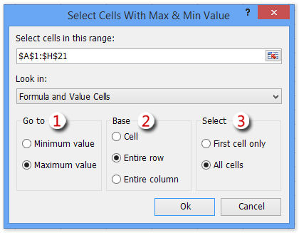 Select max or min (smallest or greatest) value cell in Excel