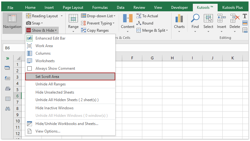Excel에서 빠르게 스크롤 영역 설정 (선택하지 않은 열과 행을 한 번에 숨기기)