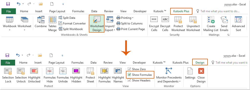 Easily show or display all cell formulas in Excel