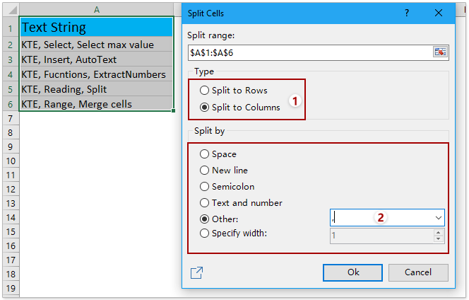 Quickly split cell contents by space / newline / comma / period or ...