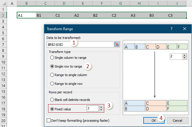 Transpose (convert) a single column or row to ranges in Excel