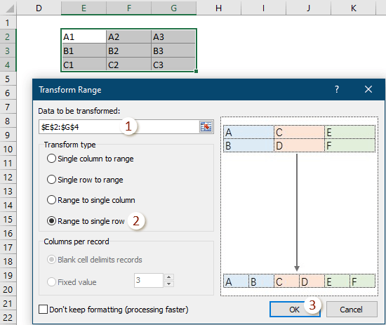 Transpose (convert) a single column or row to ranges in Excel