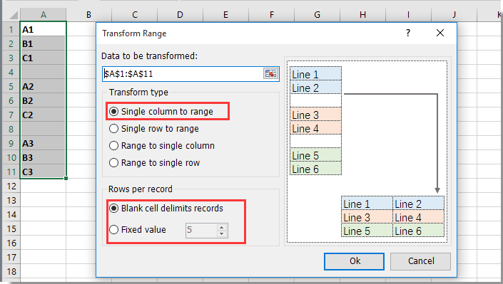 Transpose Convert A Single Column Or Row To Ranges In Excel